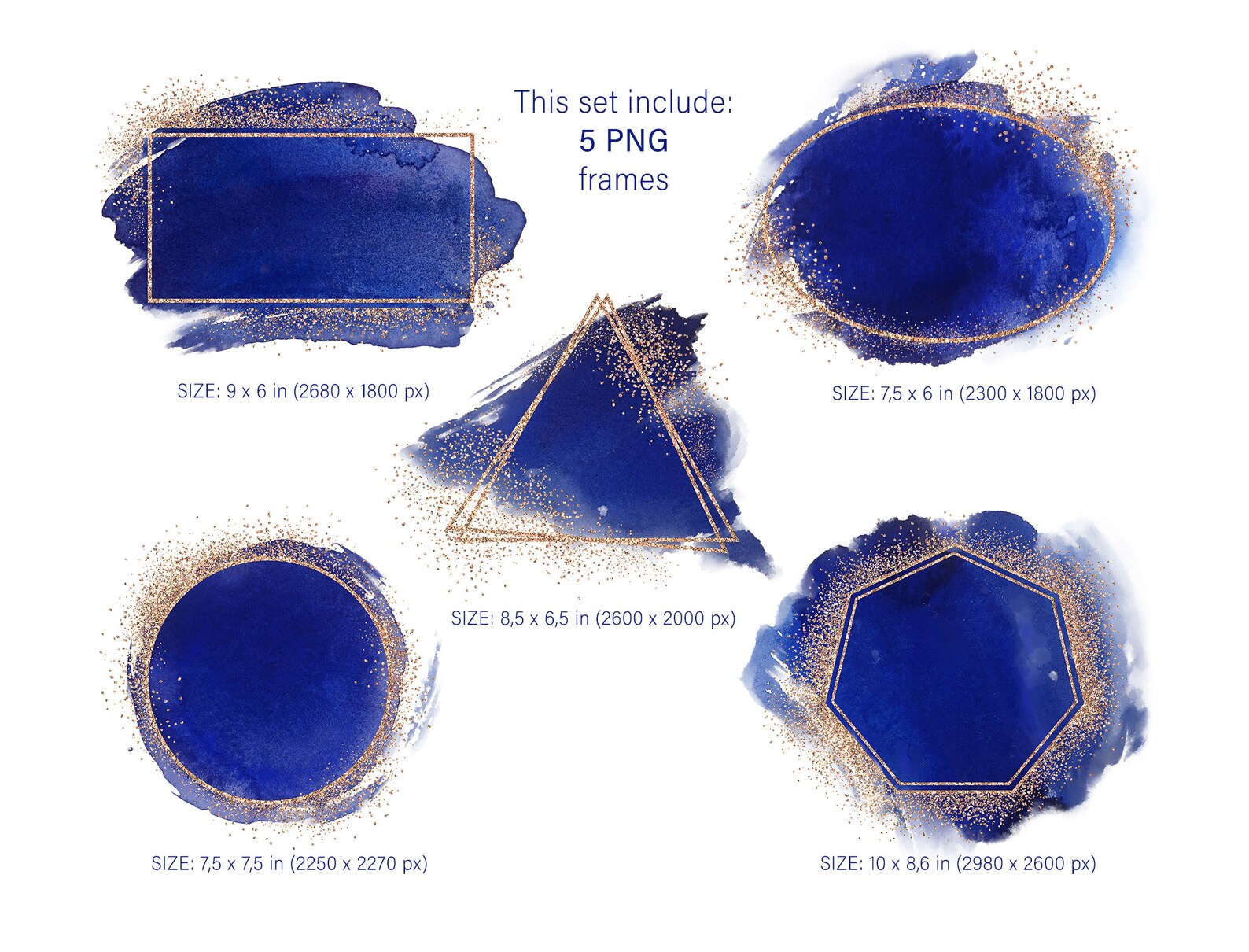 Watercolor Splash Frames Clipart. Sapphire Blue and Gold Glitter Brush ...