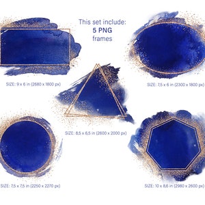 Watercolor Splash Frames Clipart. Sapphire Blue and Gold Glitter Brush ...