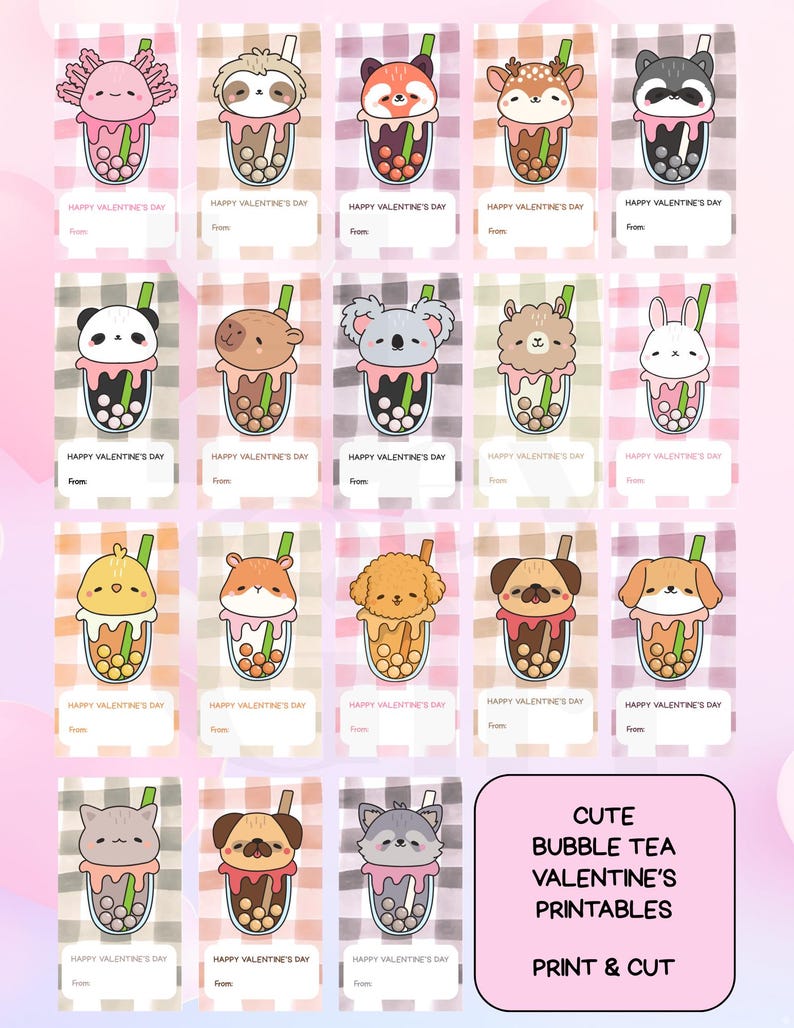 Animal Bubble Tea Valentine Cards, Kids Classroom Exchange (PDF ...