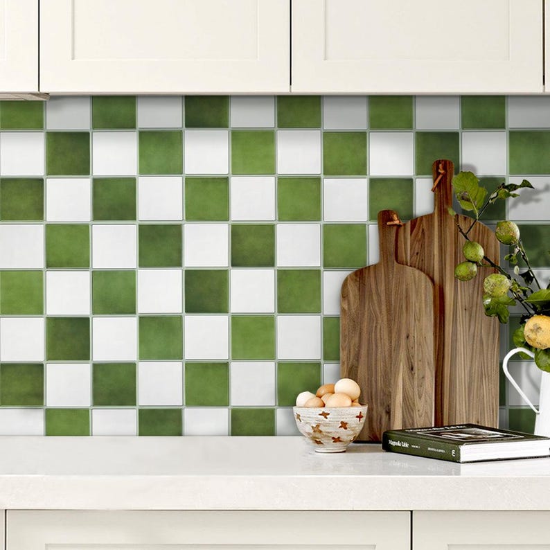 3D Green Self Adhesive Wall Panels: Square Matte PVC Kitchen Bathroom ...