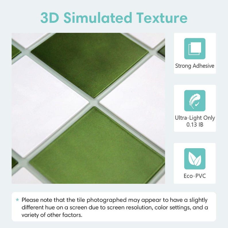 3D Green Self Adhesive Wall Panels: Square Matte PVC Kitchen Bathroom ...