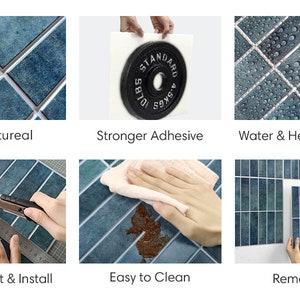 10pcs 3D Blue Peel and Stick Wall Tile, Matte Linear Mosaic Tile Stick ...