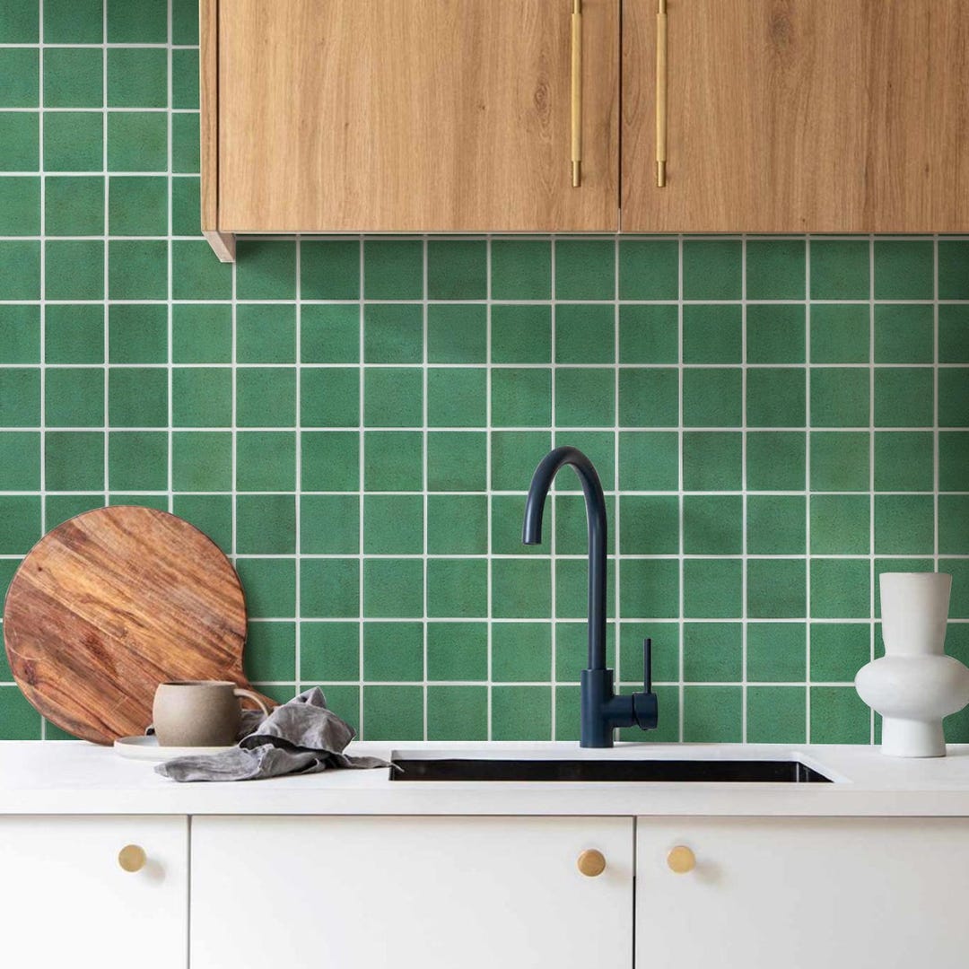 3D Green Self Adhesive Wall Tiles: Matte PVC Peel and Stick Backsplash ...