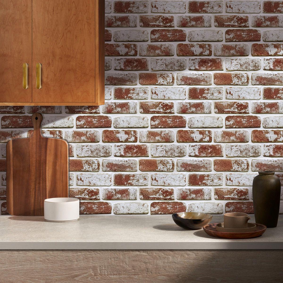Whitewashed Red Brick 3D Wall Panels: Self-adhesive PVC Brick Wallpaper ...