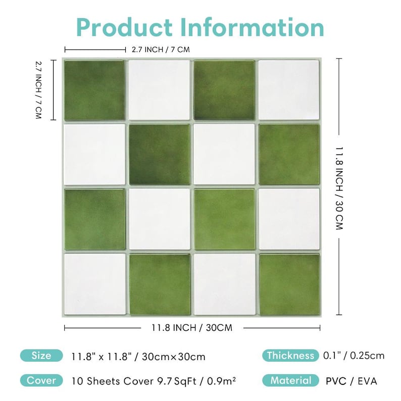 3D Green Self Adhesive Wall Panels: Square Matte PVC Kitchen Bathroom ...