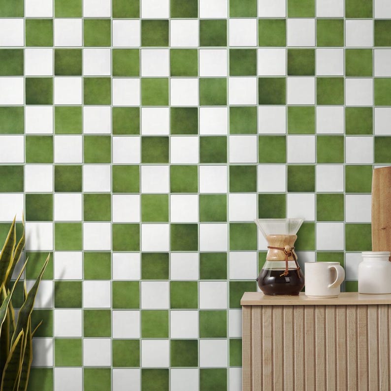 3D Green Self Adhesive Wall Panels: Square Matte PVC Kitchen Bathroom ...