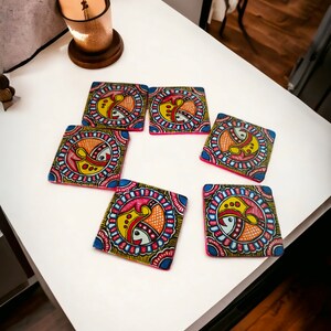 Set of 6 Hand-painted Madhubani Painting Wooden Coaster and - Etsy