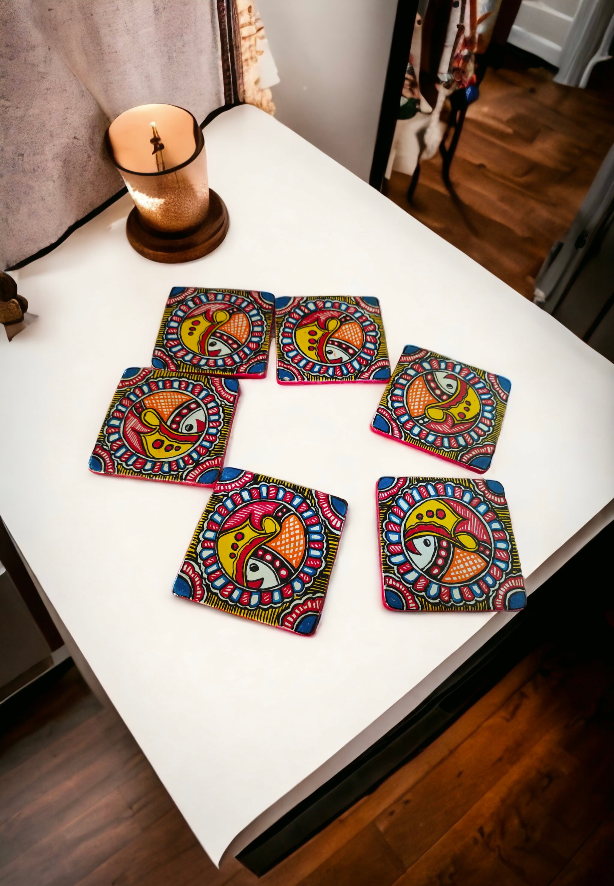Set of 6 Hand-painted Madhubani Painting Wooden Coaster and - Etsy