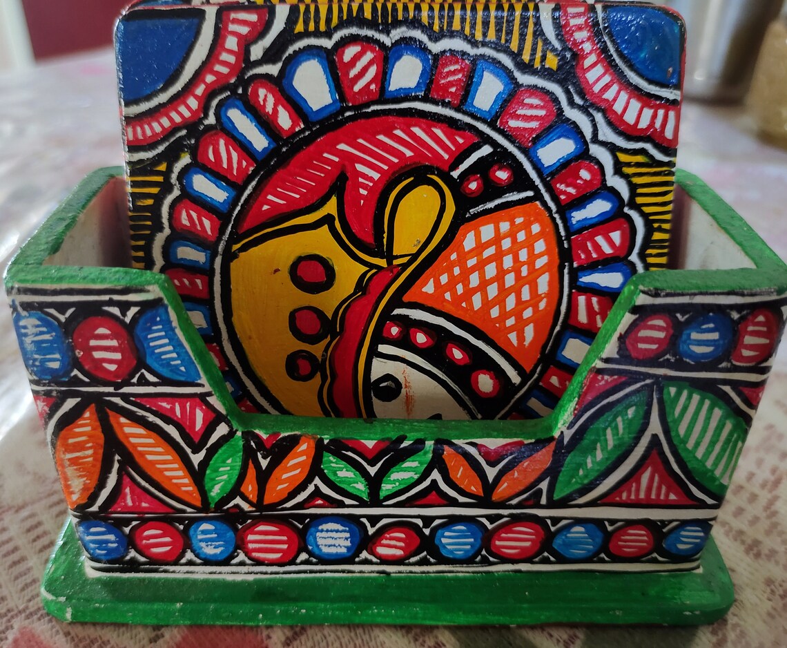 Set of 6 Hand-painted Madhubani Painting Wooden Coaster and - Etsy