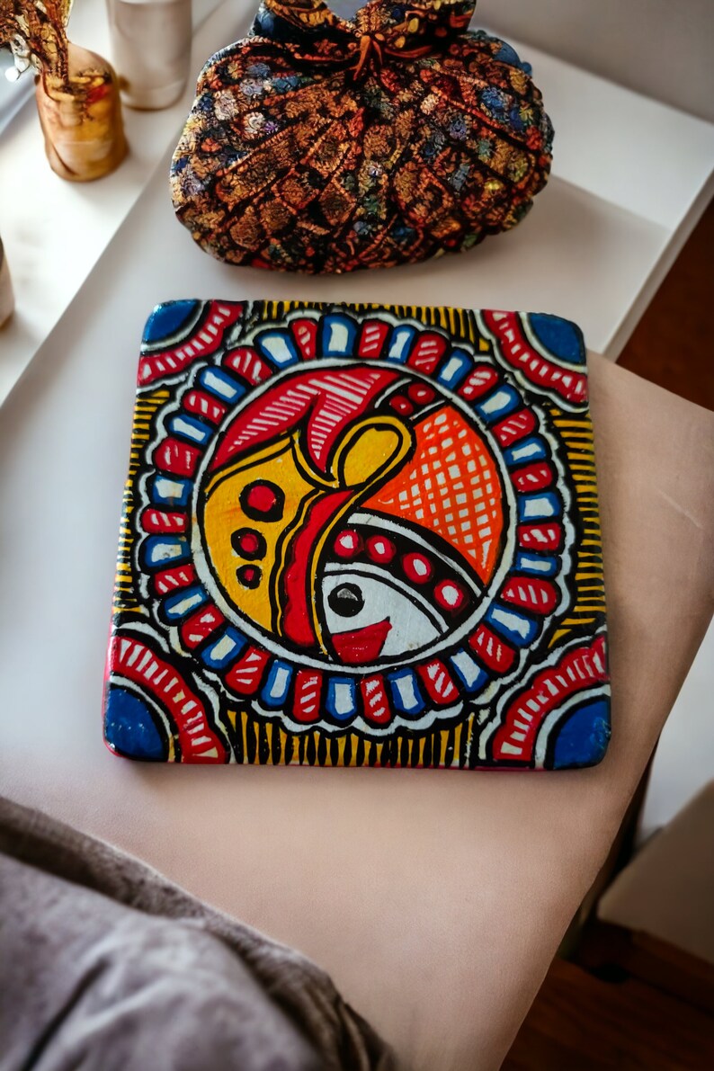 Set of 6 Hand-painted Madhubani Painting Wooden Coaster and - Etsy