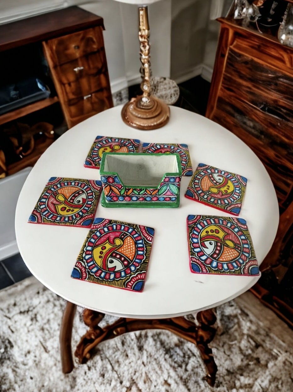 Set of 6 Hand-painted Madhubani Painting Wooden Coaster and - Etsy