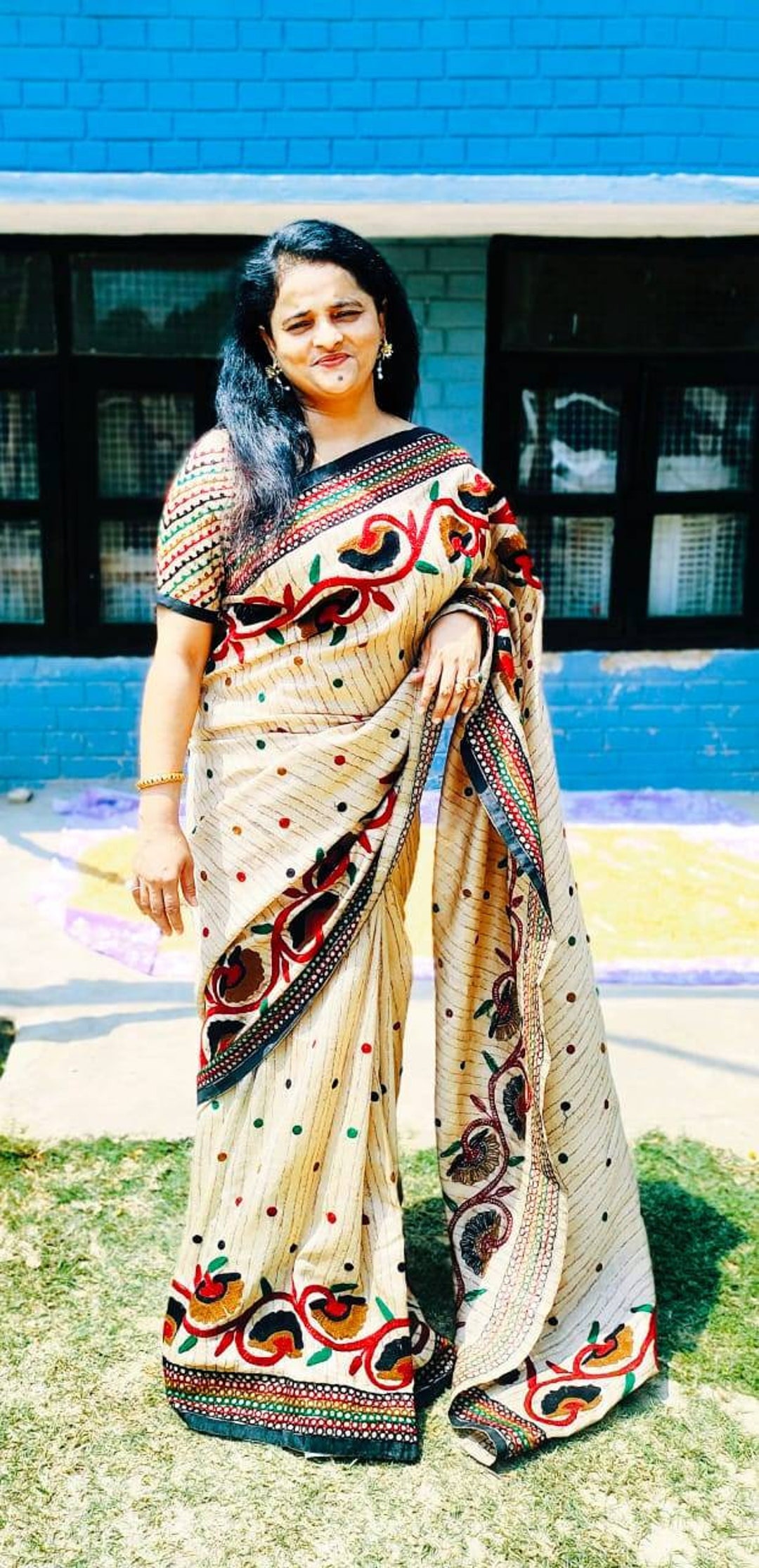 Women Beige Khadi Silk Handwork Colourful Wool Work Flower and Leaf and ...