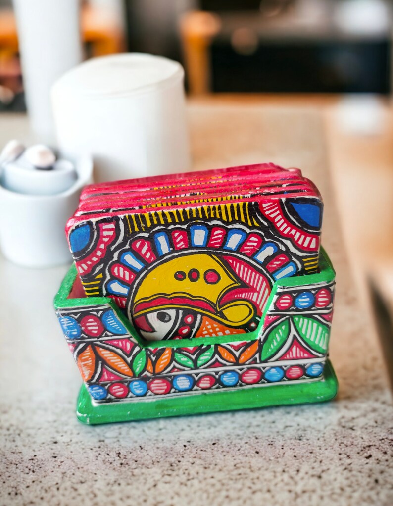 Set of 6 Hand-painted Madhubani Painting Wooden Coaster and - Etsy