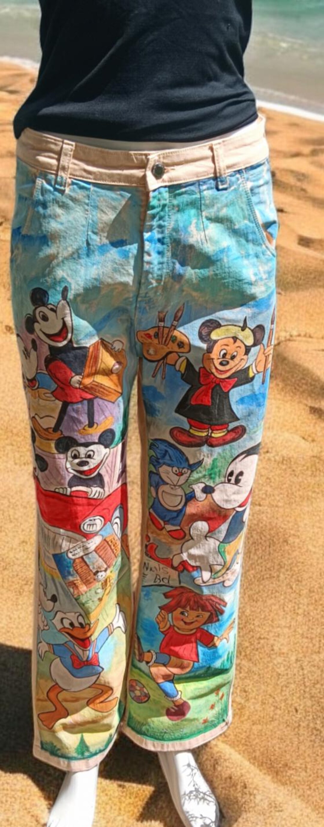 Hand-painted Cartoon Character Denim Jeans, Vintage Beige - Etsy