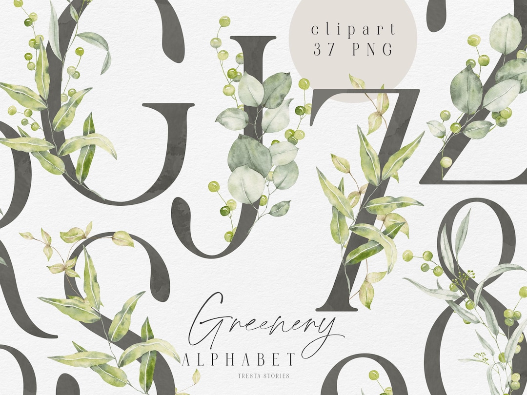 Greenery Watercolor Alphabet Clipart, Botanical Letters and Numbers for ...