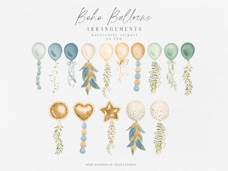 Watercolor Balloons Clipart, Boho Balloons Arrangements, Boys Baby ...