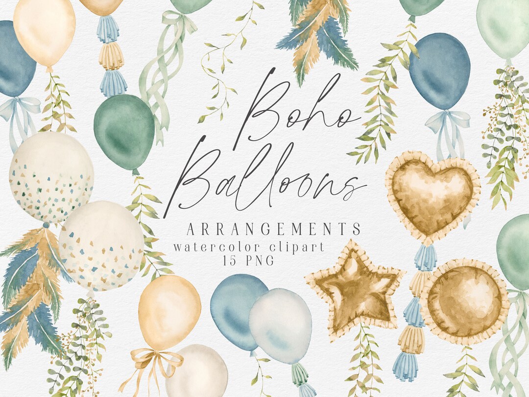 Watercolor Balloons Clipart, Boho Balloons Arrangements, Boys Baby ...