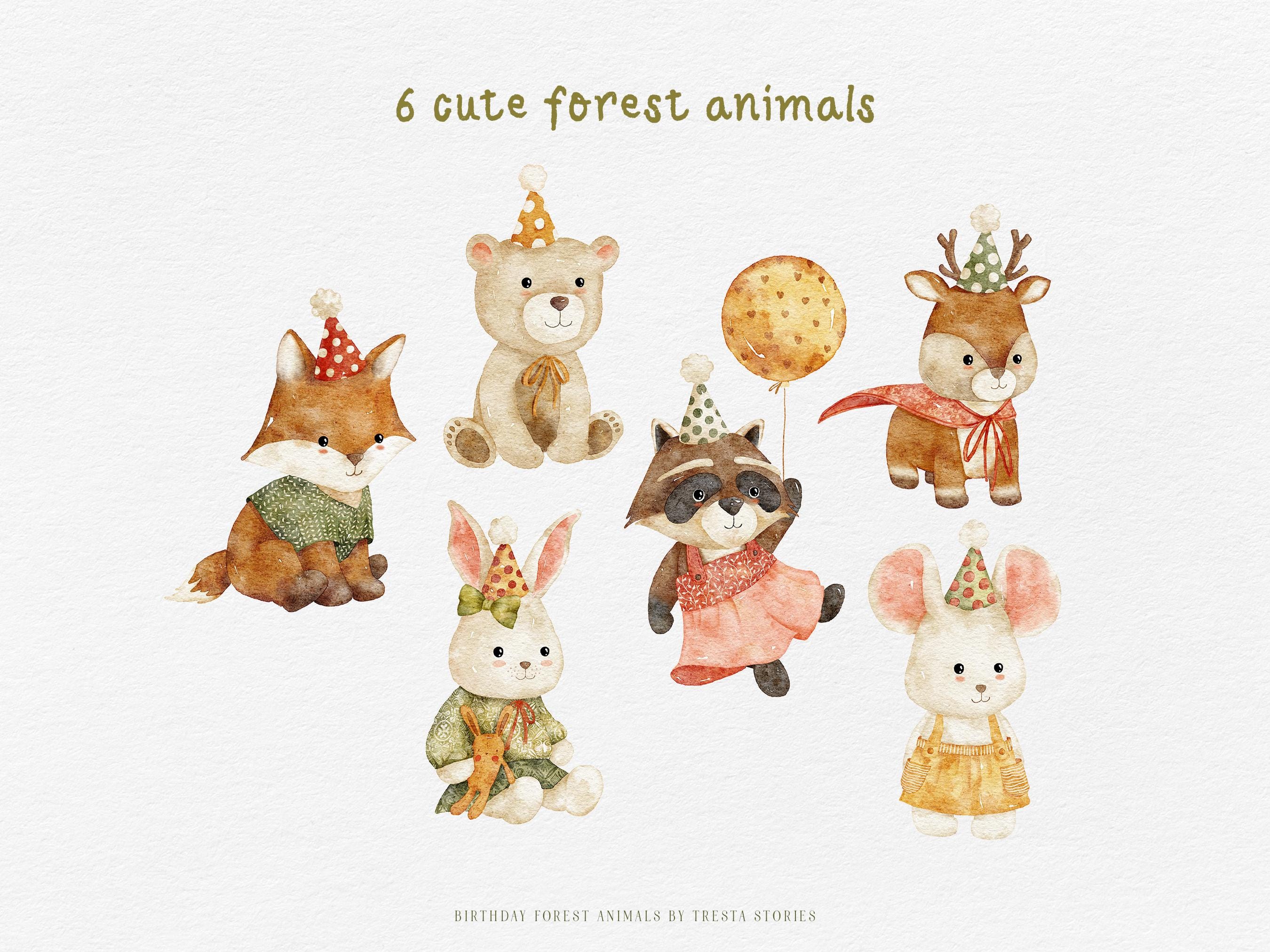 Watercolor Birthday Clipart, Forest Animals Party Decorations - Etsy