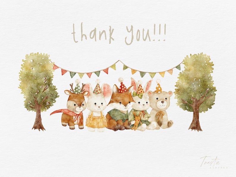 Watercolor Birthday Clipart, Forest Animals Party Decorations - Etsy