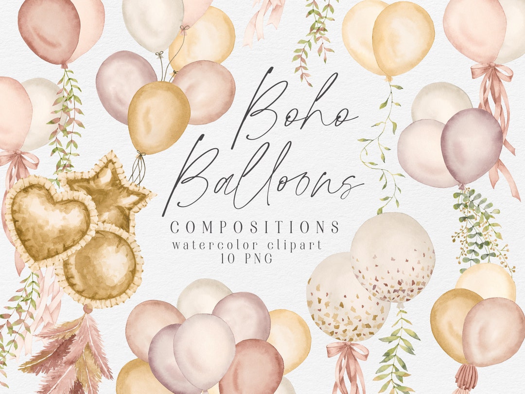 Watercolor Balloons Clipart, Boho Balloons Compositions, Girls Baby ...