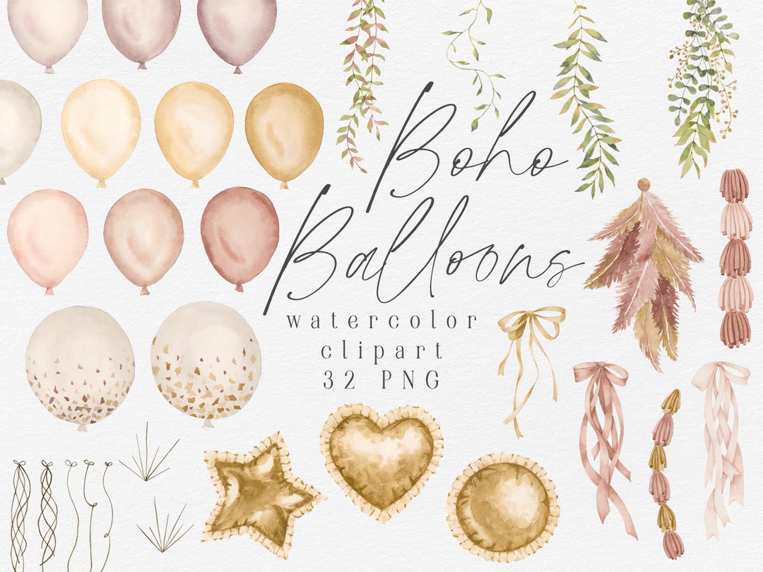 Watercolor Boho Balloons Clipart, Boho Nursery Decor, Baby Shower ...