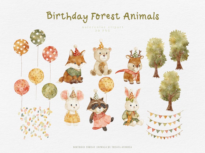 Watercolor Birthday Clipart, Forest Animals Party Decorations - Etsy