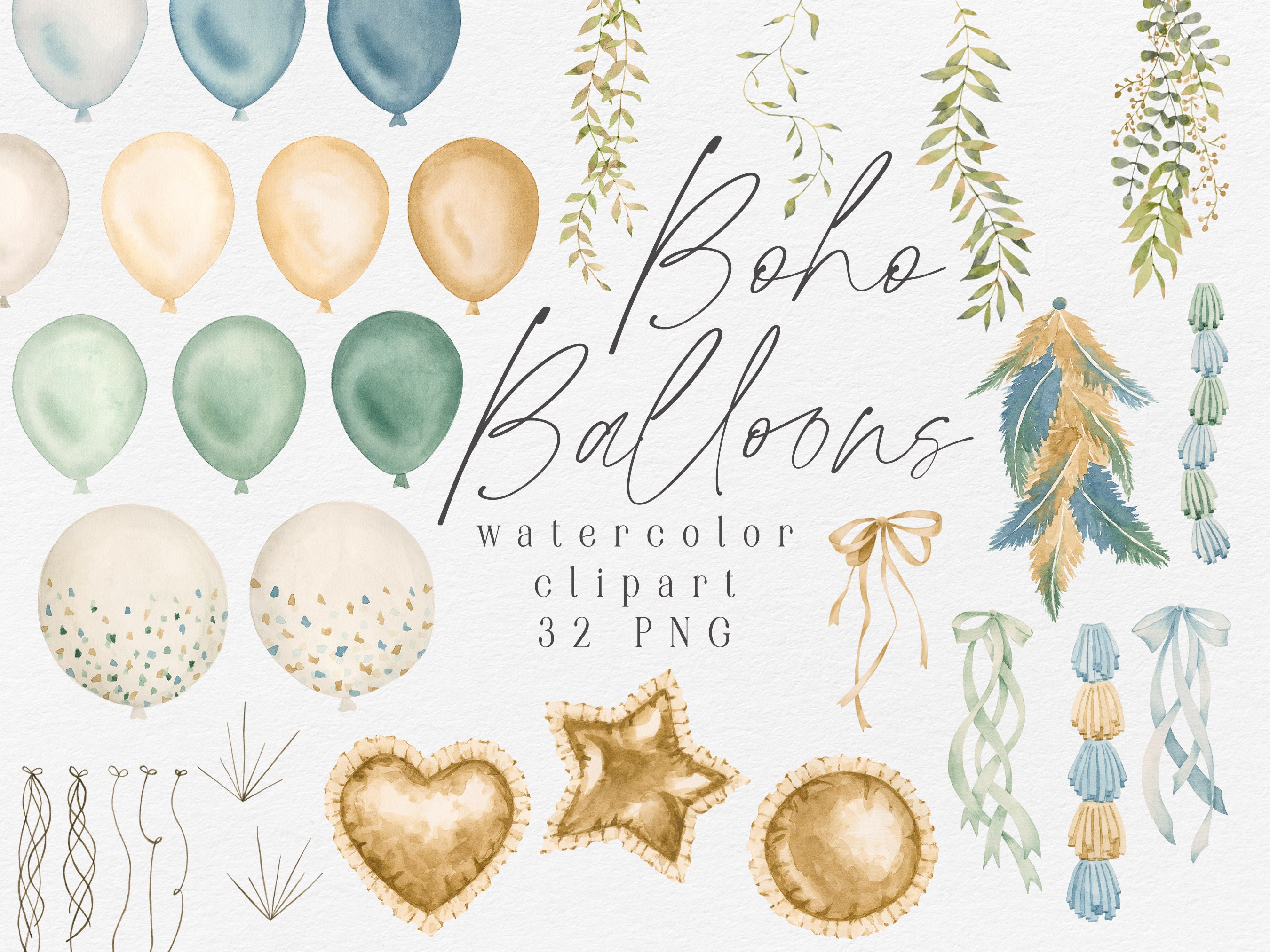 Watercolor Boho Balloons Clipart, Boho Nursery Decor, Baby Shower ...