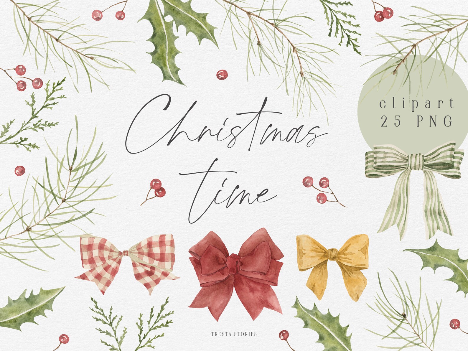 Christmas Watercolor Clipart Set, Hand Painted Christmas Greenery ...