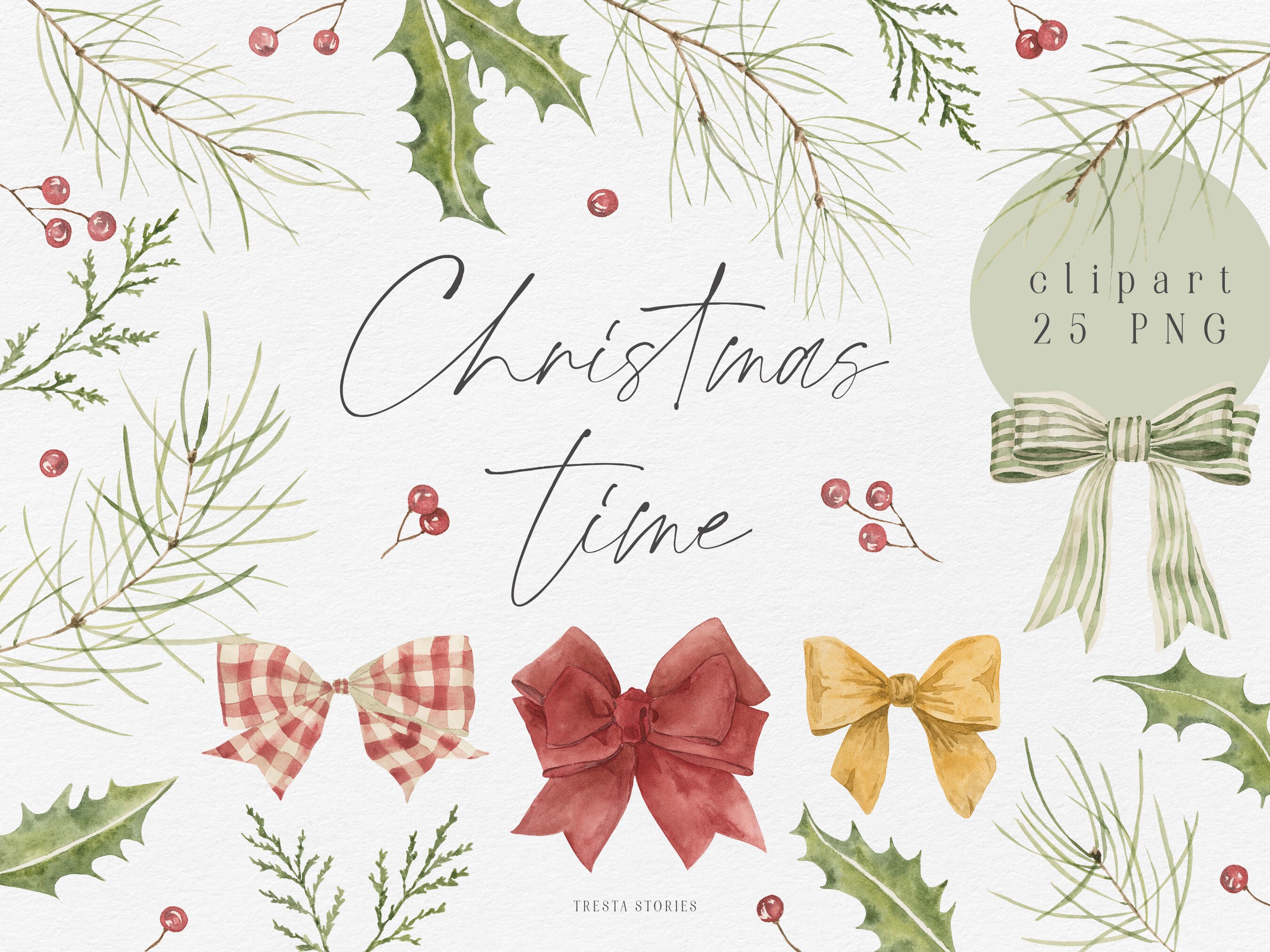 Christmas Watercolor Clipart Set, Hand Painted Christmas Greenery ...