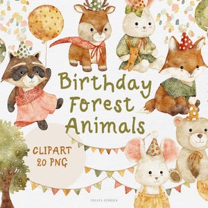 Watercolor Birthday Clipart, Forest Animals Party Decorations - Etsy