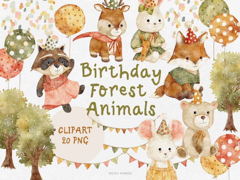Watercolor Birthday Clipart, Forest Animals Party Decorations - Etsy