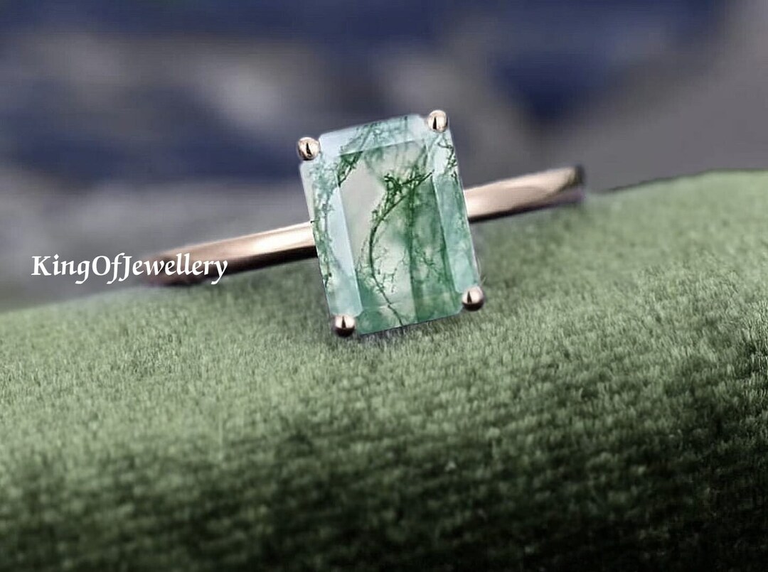 Natural Moss Agate Ring, Simple Ring, Emerald Cut, 14k Solid Gold Ring ...