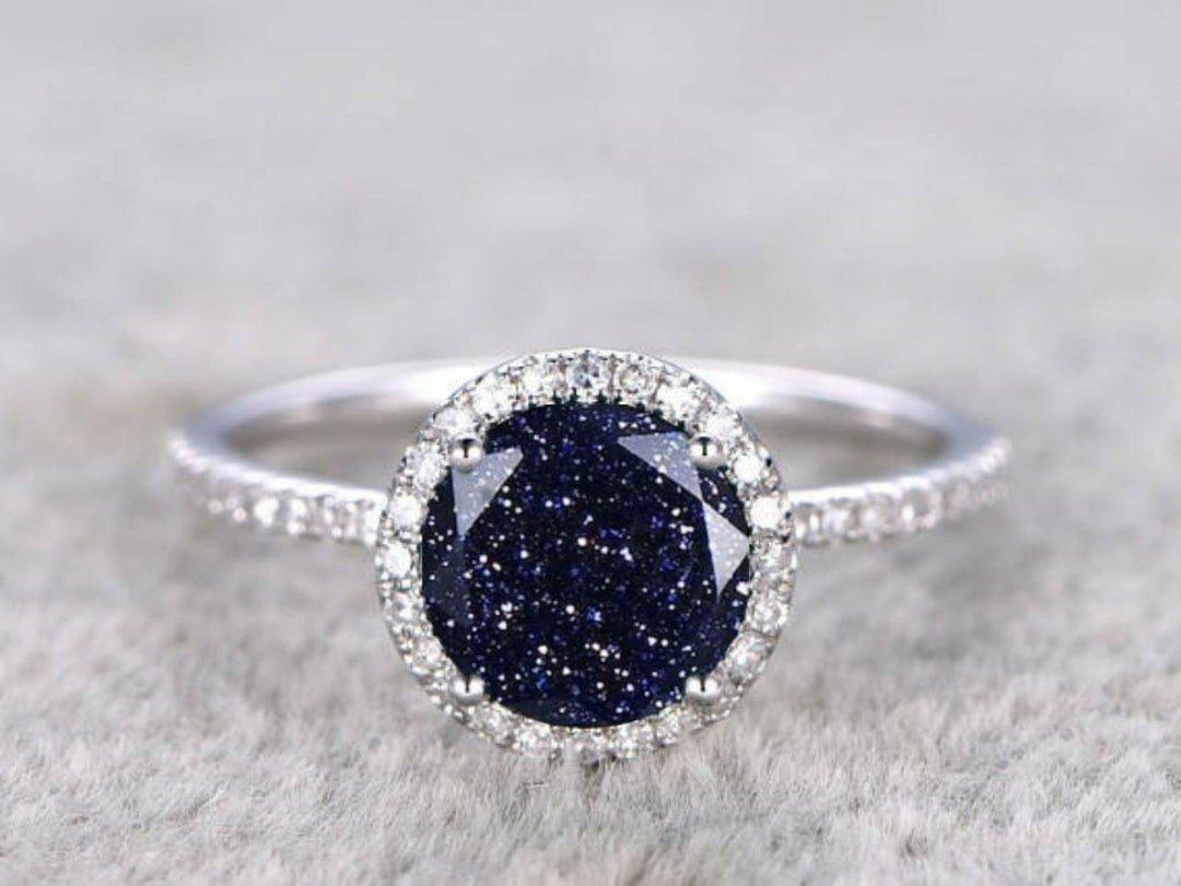 Round Shaped Blue Sandstone Engagement Ring, Dainty Ring, 14k Gold Ring ...