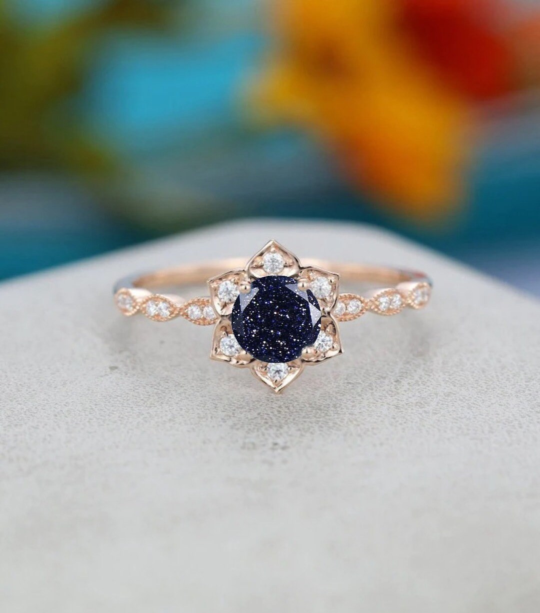 Round Shaped Natural Blue Sandstone Engagement Ring, Dainty Promise ...