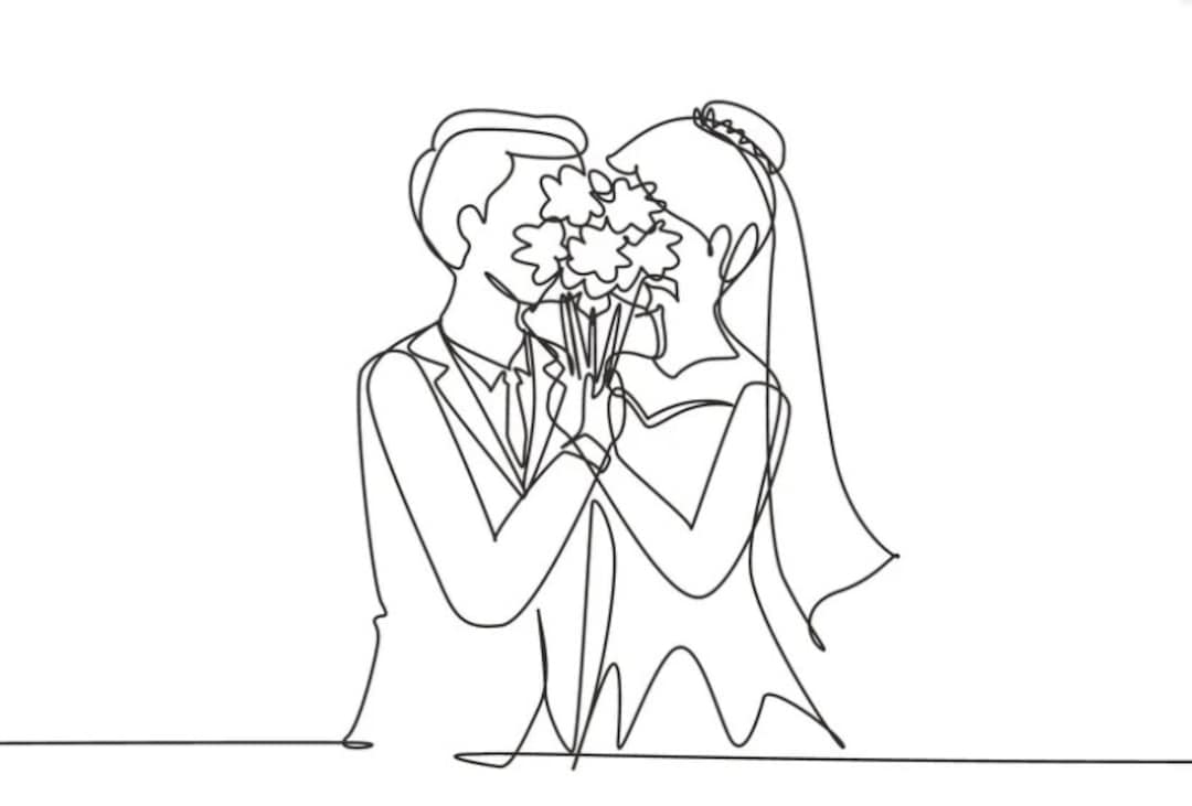 Happy Couple on Their Wedding Day.1 Line Drawing People, Animals ...
