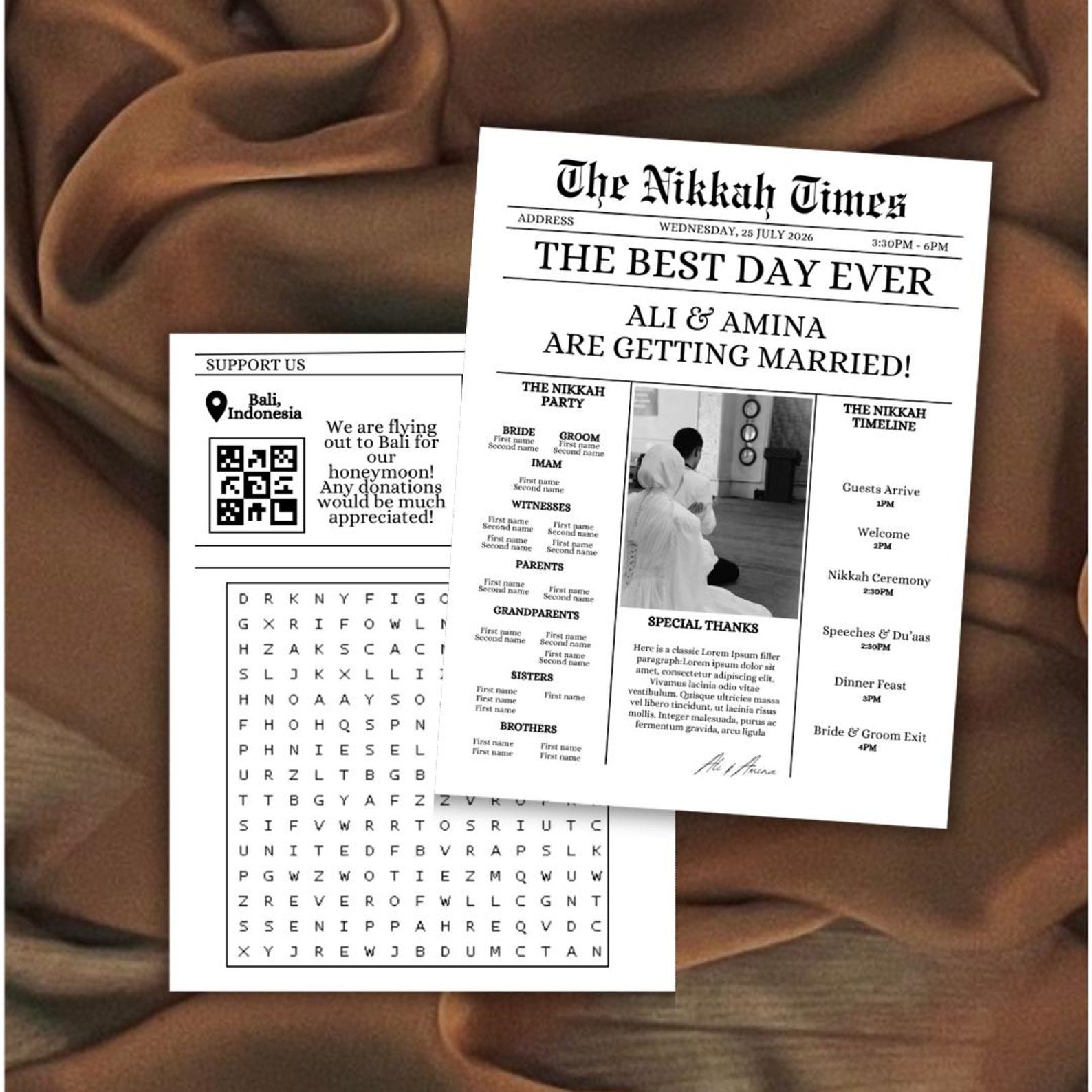 Custom Nikkah Program Newspaper Canva Template, Muslim Wedding Ceremony ...
