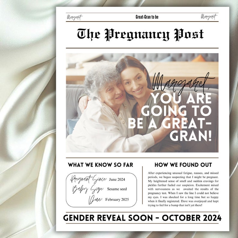 Custom Baby Newspaper Pregnancy Announcement, Promoted to Great Gran ...