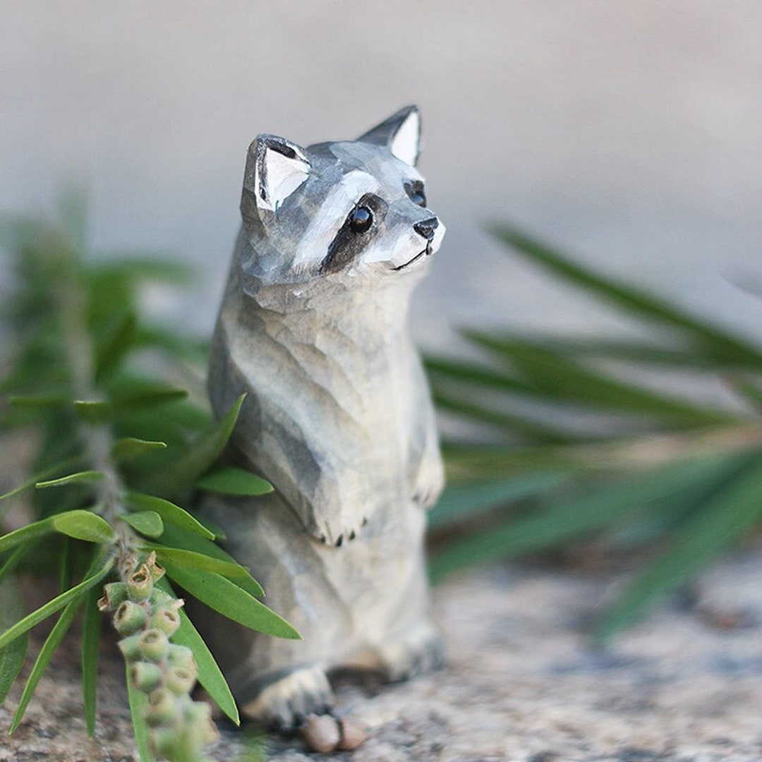 Hand Carved Painted Little Raccoon Statue Wooden Animals Home Decor ...