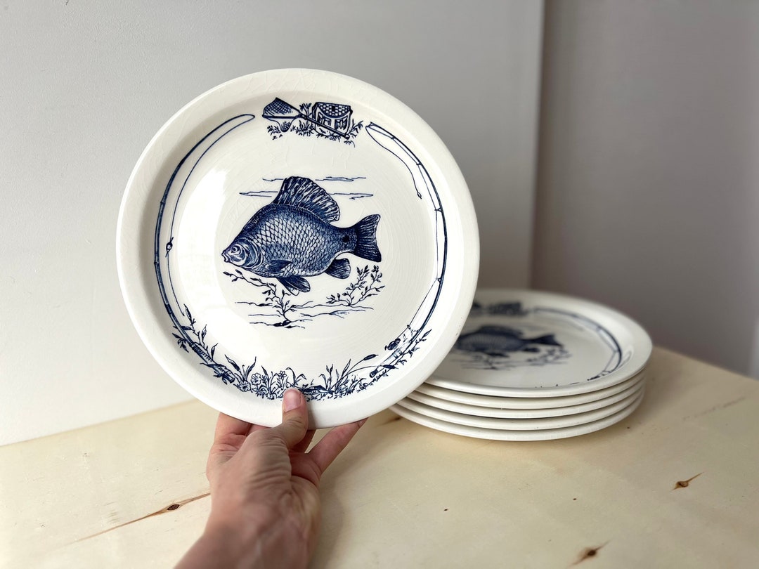 Set of 6 Fish Dinner Plates by Gien France Vintage, Flat Plates With ...