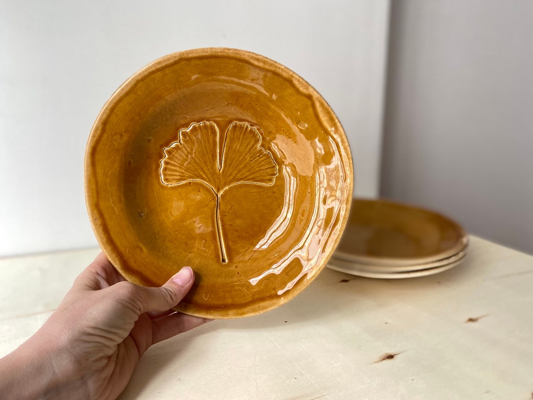 Set of 4 Handmade Botanical Deep Plates, Herbarium Ginkgo Biloba ...