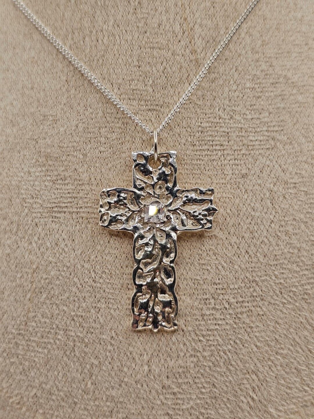 Handmade Silver Cross Pendant, Sterling Silver Chain, Ornate Textured Cross Necklace, Religious ...