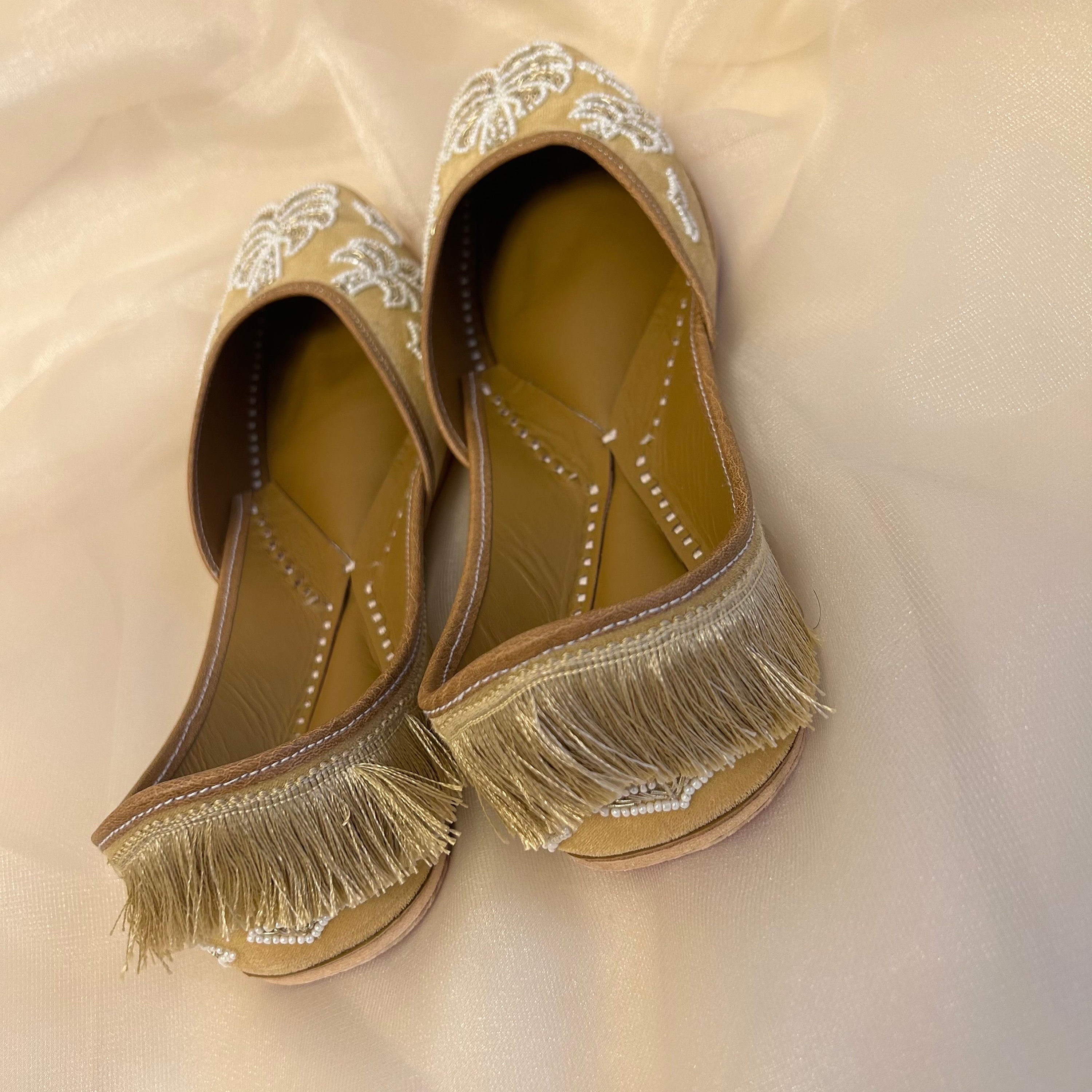 The Palm Gold Jutti, Beige Velvet Pump With Gold and Pearl Embroidery ...