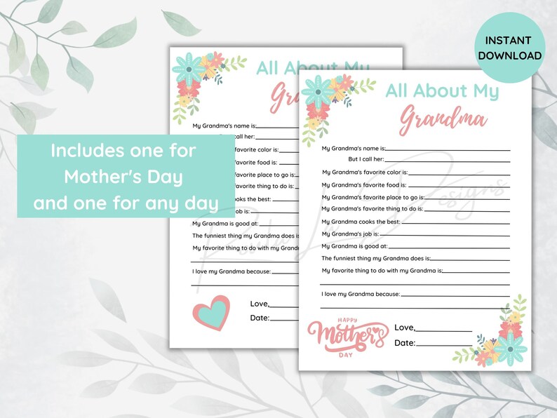 All About My Grandma Printable | Mother's Day Gift | Grandma Birthday ...