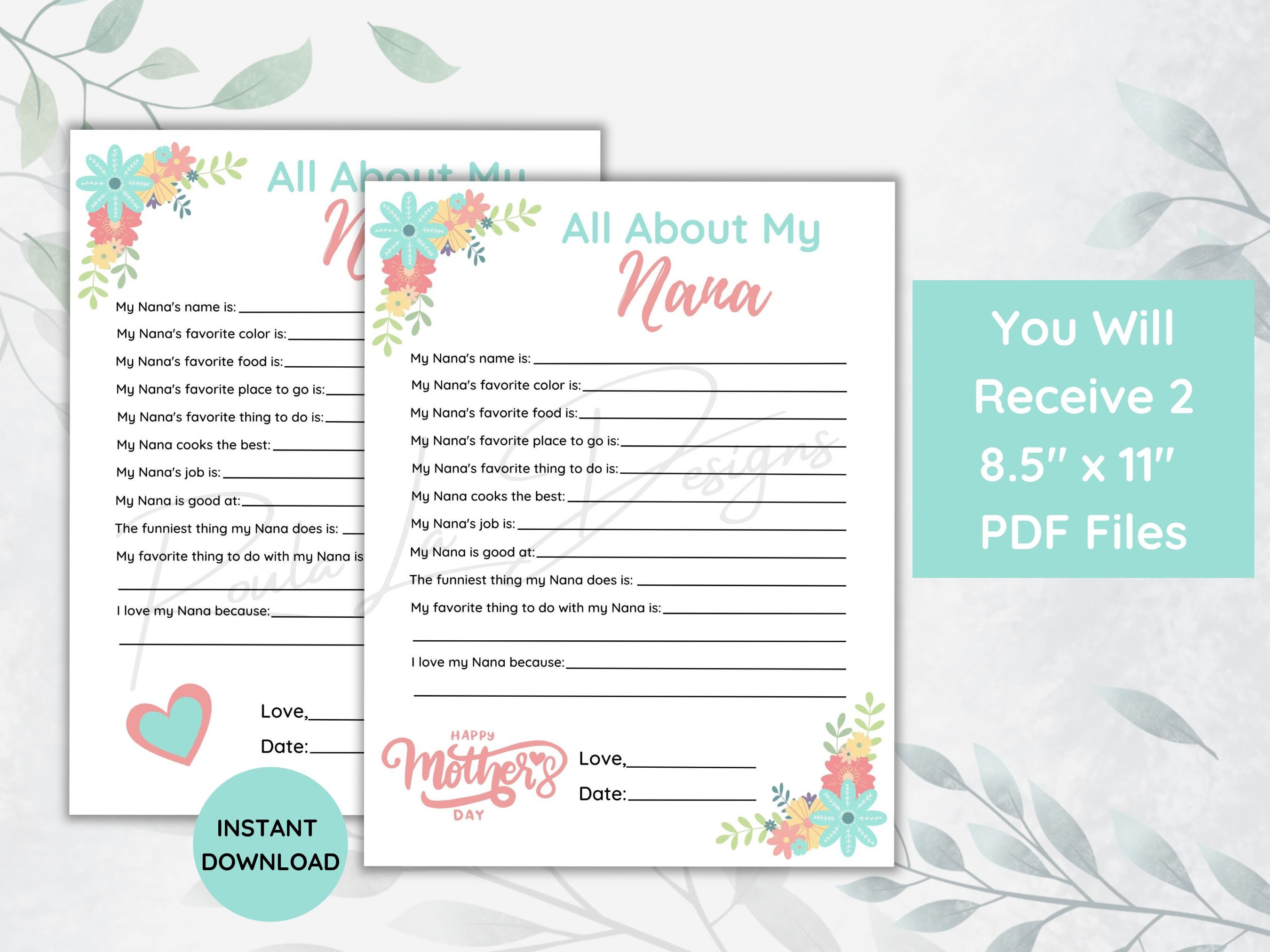 All About My Nana Printable | Mother's Day Gift | Nana Birthday Gift ...