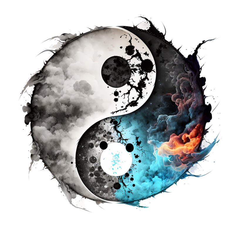 Tao Yin Yang Symbol Decorated in Watercolor Style, Clouds and Fire ...