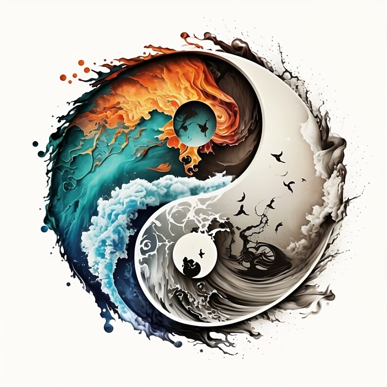 Yin Yang Original Version Decorated With Waves and Fire - Etsy