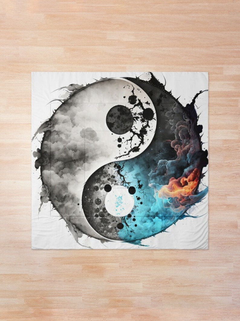 Tao Yin Yang Symbol Decorated in Watercolor Style, Clouds and Fire ...