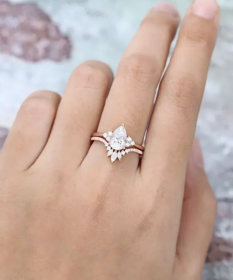 Moissanite Teardrop Ring Set Unique Ring Vintage Ring Women - Etsy
