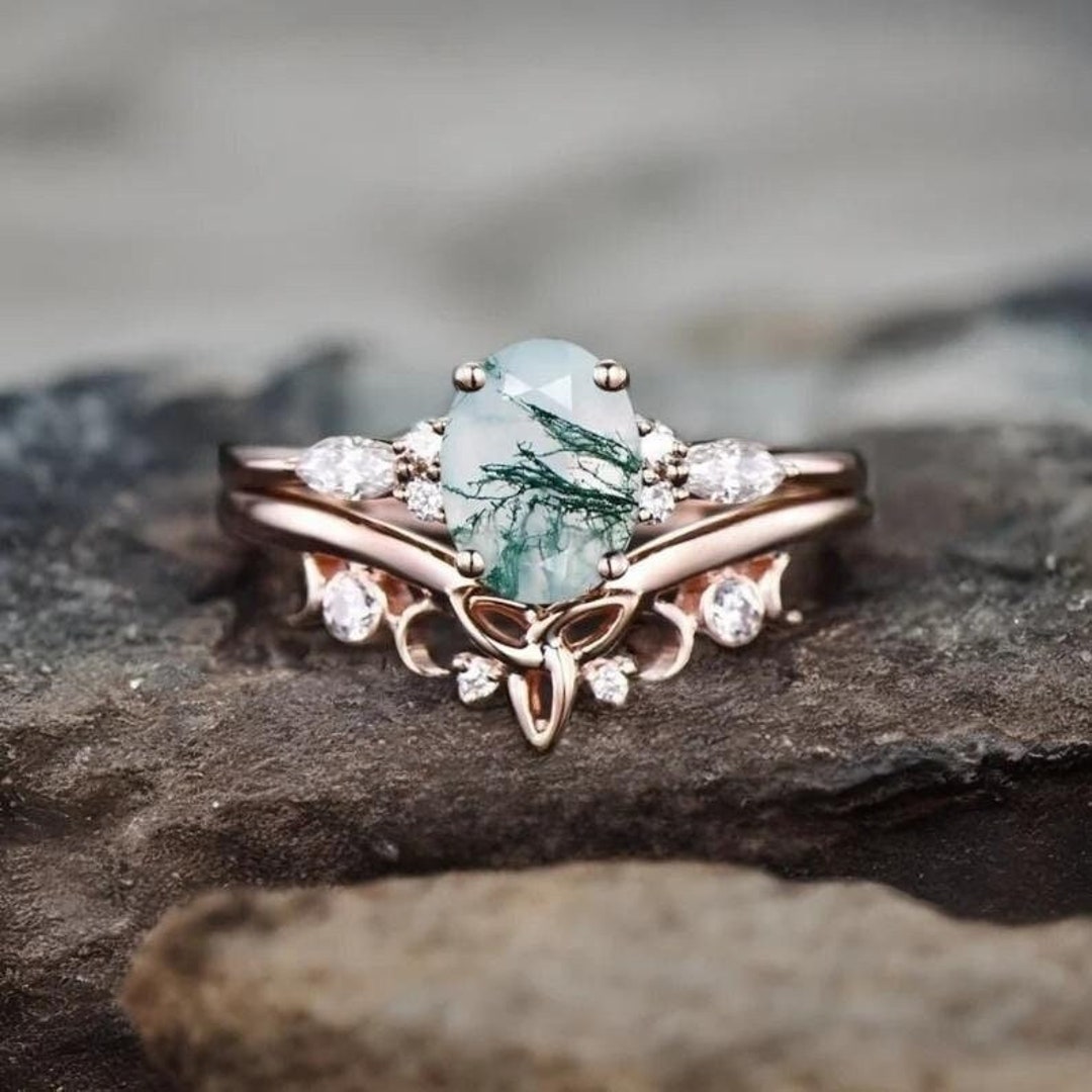 Unique Bridal Ring Set Oval Cut Moss Agate Engagement Ring Set Vintage Moissanite Ring Set White ...
