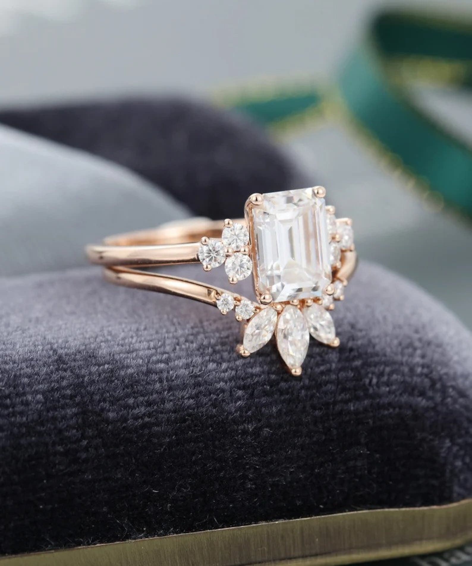 Emerald Cut Moissanite Ring Set of 2PCS Engagement Ring - Etsy